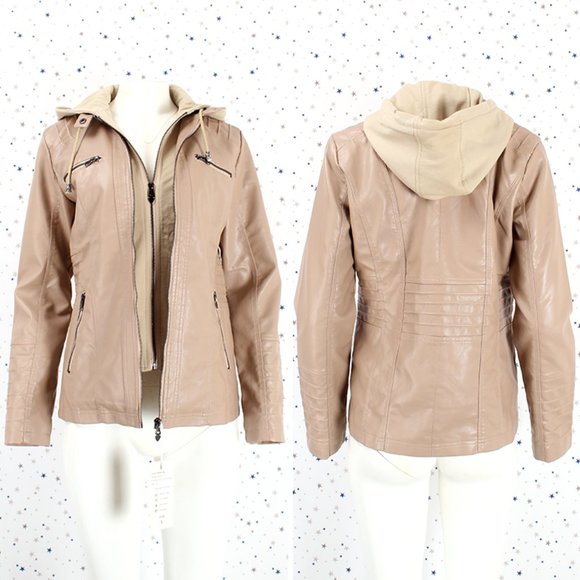 Tanming | Jackets & Coats | Removable Hood Layered Zip Up Faux Leather ...